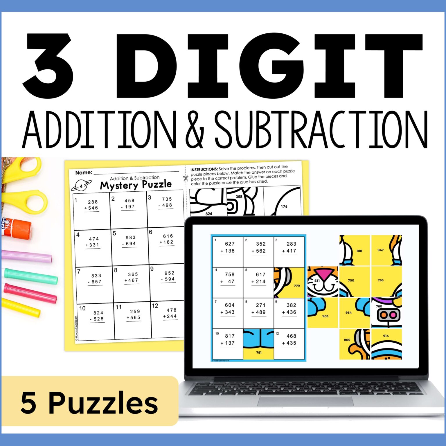 Adding and Subtracting 3 Digit Numbers Math Mystery Puzzles - Hooty's ...
